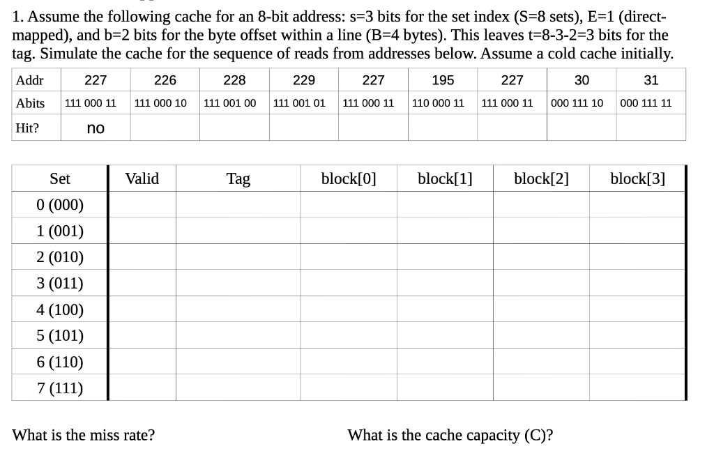 1. Assume the following cache for an 8-bit address: | Chegg.com