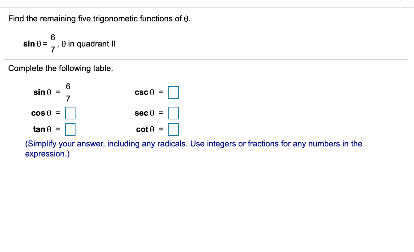 Solved Find the remaining five trigonometic functions of 0. | Chegg.com