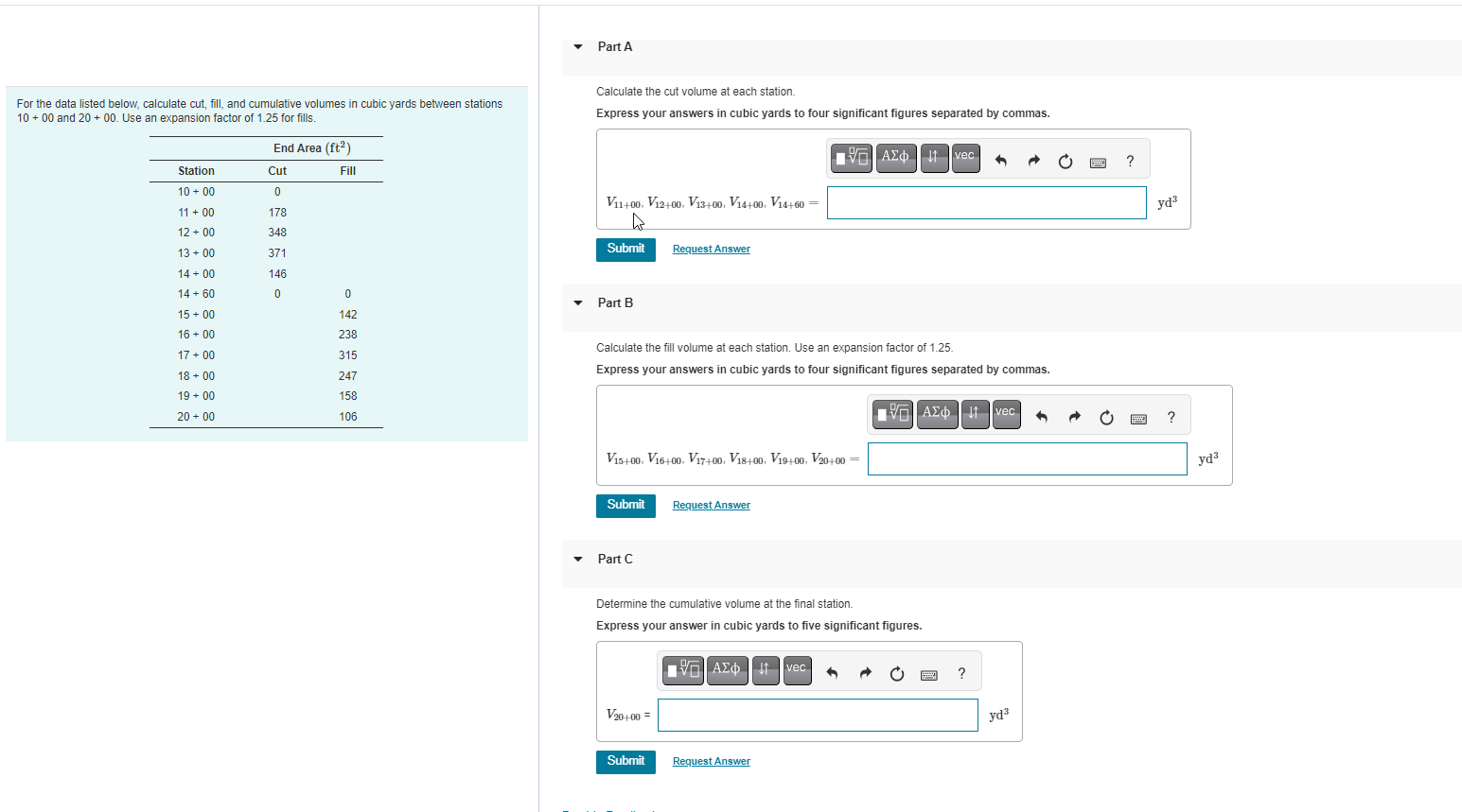 Solved For the data listed below, calculate cut, fill, and | Chegg.com