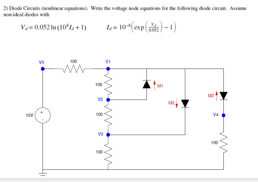 Solved 2) Diode Circuits (nonlinear equations). Write the | Chegg.com
