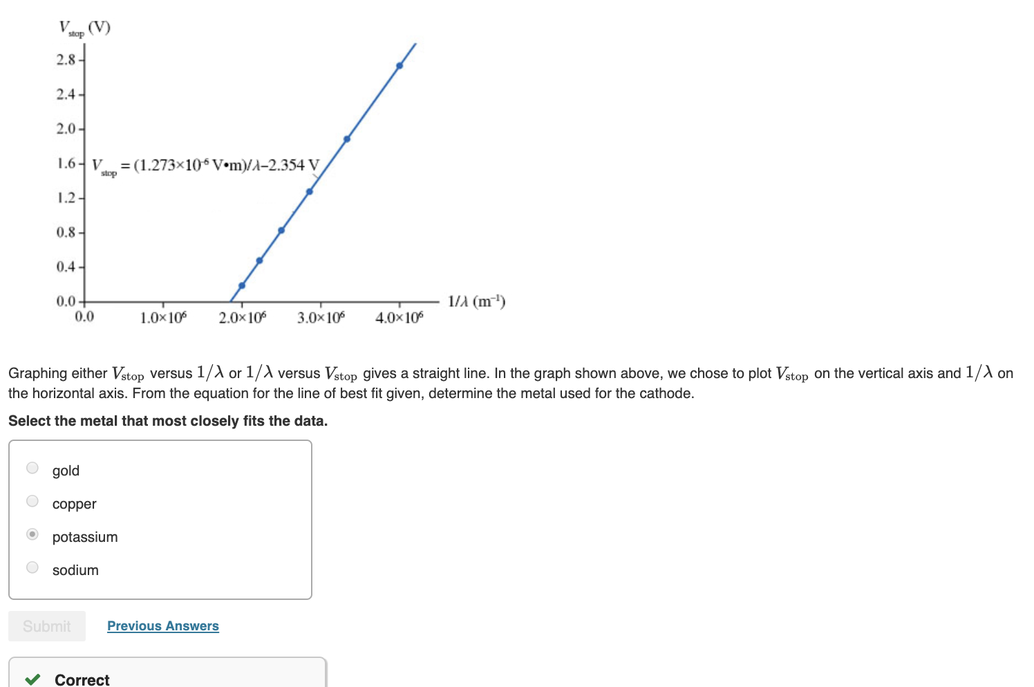Solved 1.6 V = (1.273x10 V•m)/A-2.354 V stog 0.8 0.4- 0.0 | Chegg.com