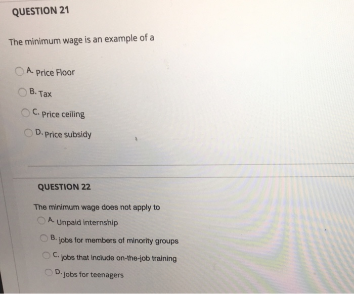 Solved QUESTION 21 The minimum wage is an example of a Price | Chegg.com