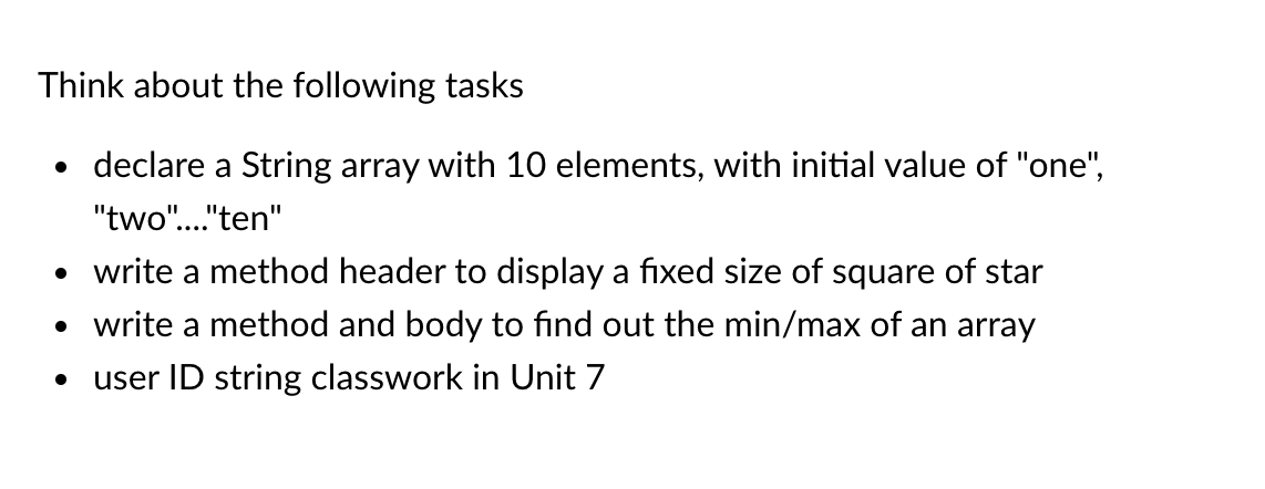 Solved Think about the following tasks • declare a String | Chegg.com