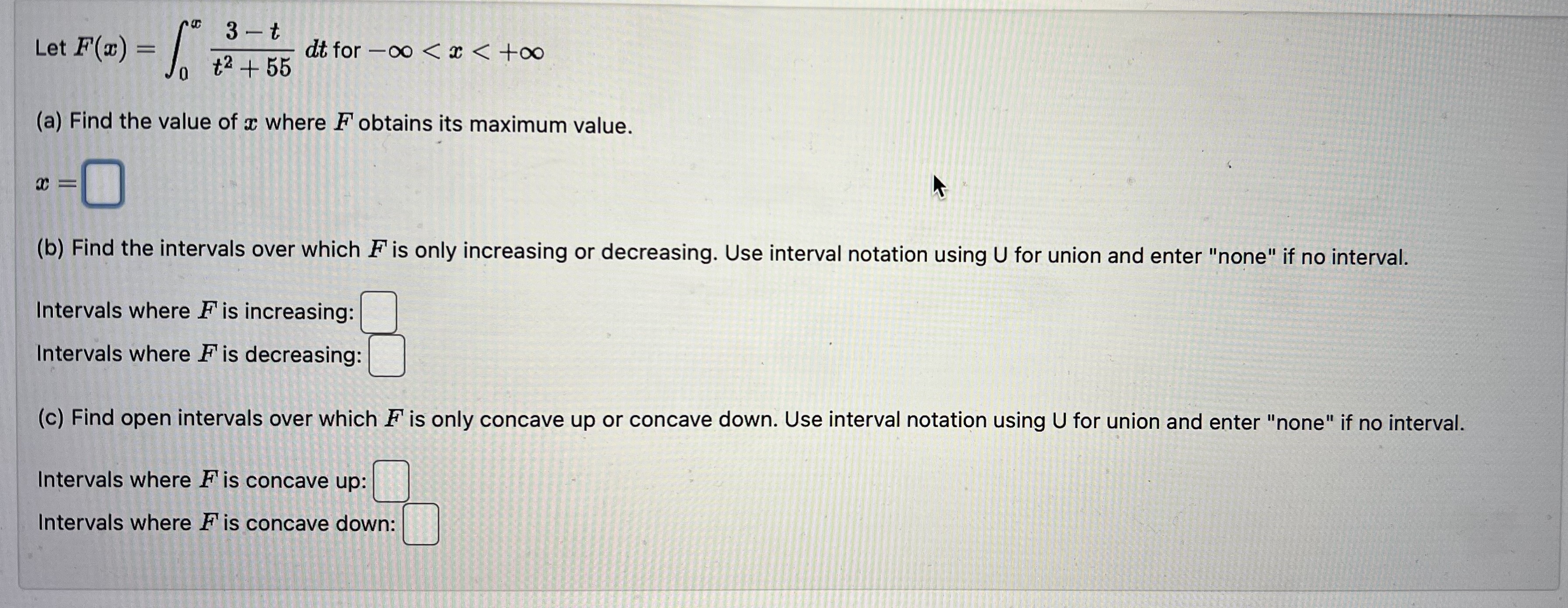 Solved Let F(x)=∫0xt2+553−tdt for −∞ | Chegg.com