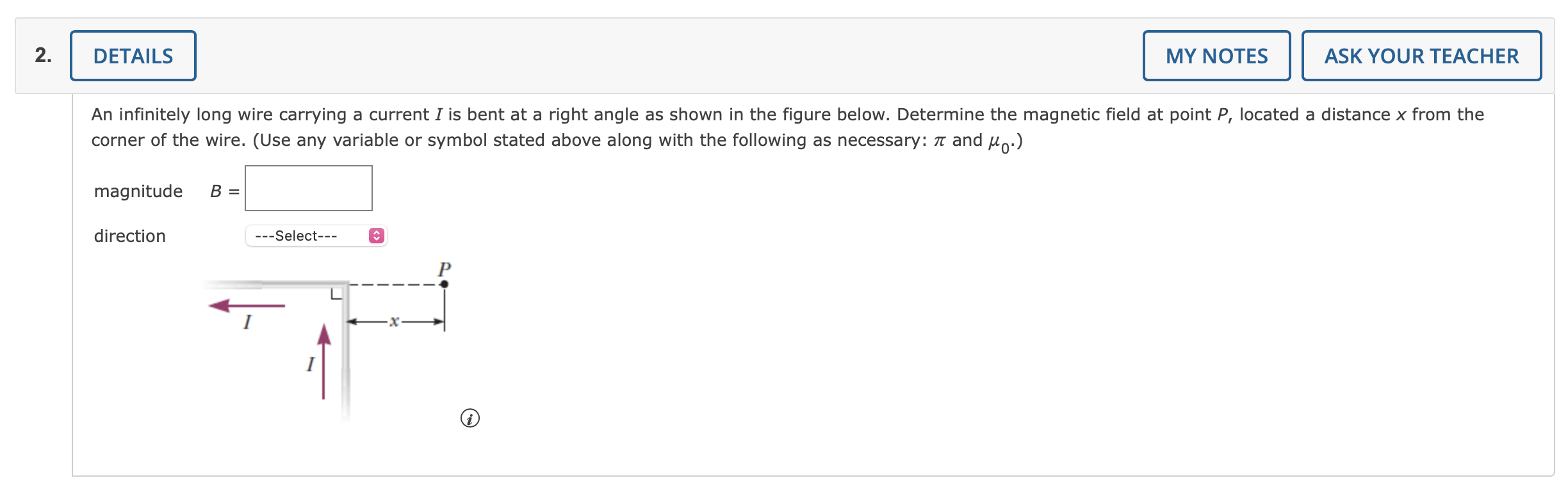 Solved An infinitely long wire carrying a current I is bent | Chegg.com