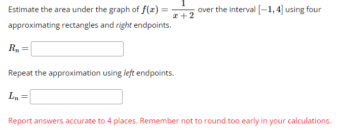 Solved Estimate the area under the graph of f(x)=1x+2 ﻿over | Chegg.com