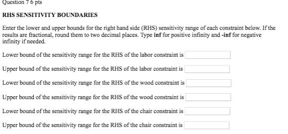 Solved Question 76 pts RHS SENSITIVITY BOUNDARIES Enter the | Chegg.com