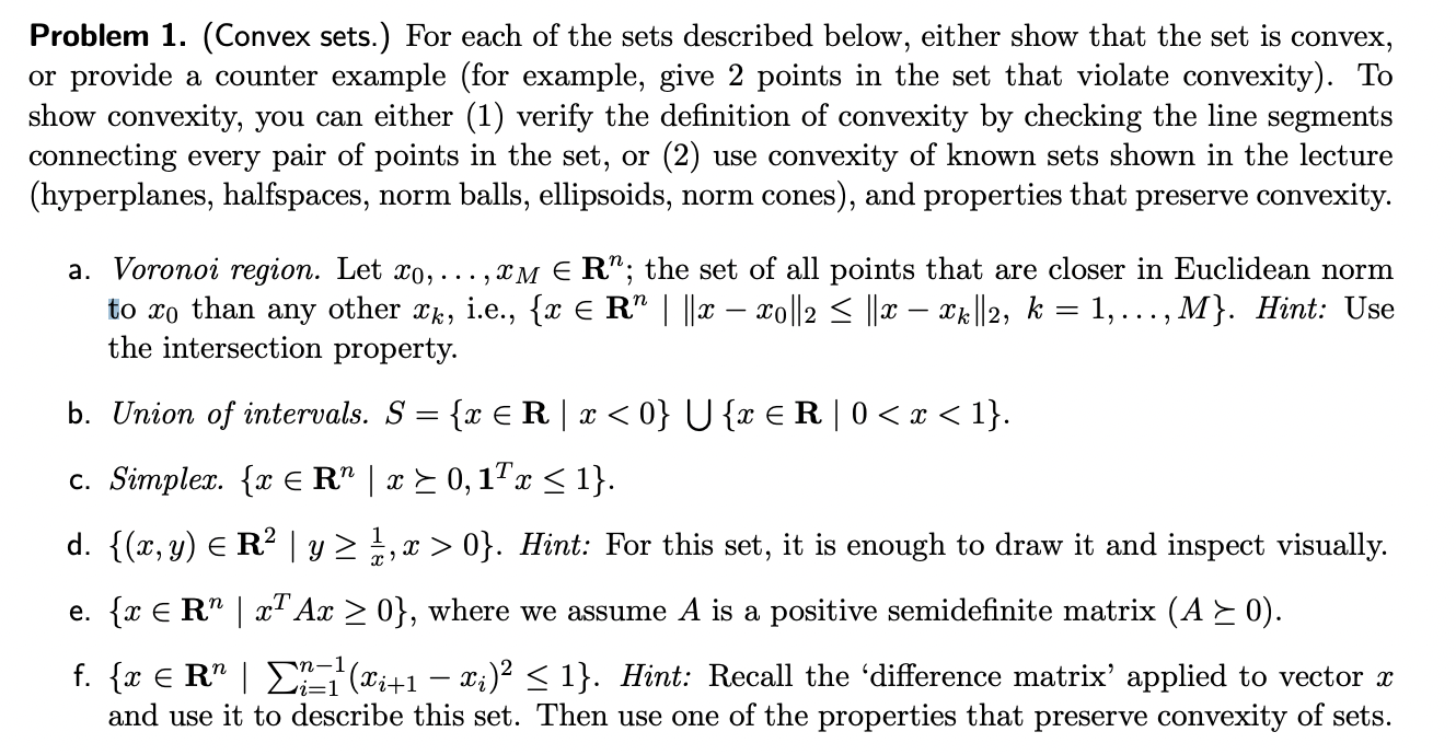 Solved Problem 1. (Convex sets.) For each of the sets | Chegg.com