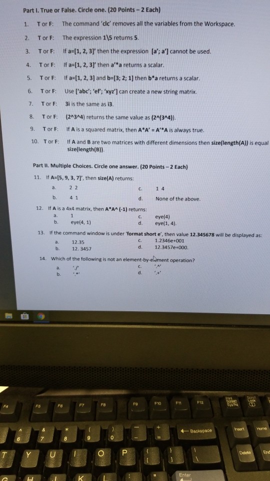 Solved Part I. True or False. Circle one. (20 Points-2 Each) | Chegg.com