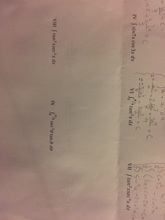 Solved integral sin 7x cos 3x dx Integral^pi/4_0 tan^2 x dx | Chegg.com Solved integral sin 7x cos 3x dx Integral^pi/4_0 tan^2 x dx | Chegg.com