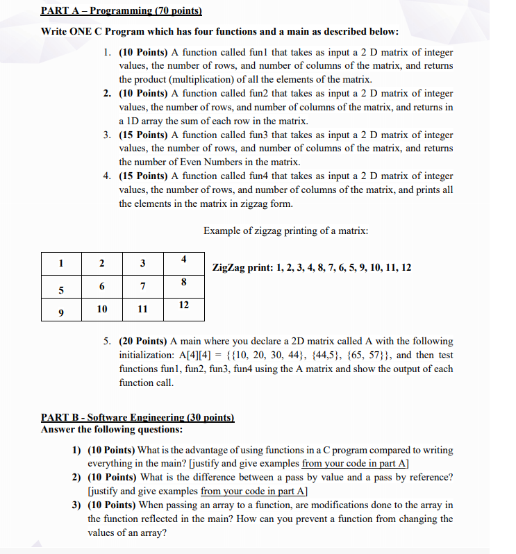 Solved PART A - Programming (70 points) Write ONE C Program | Chegg.com