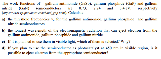 Solved The work functions of gallium antimonide (GaSb), | Chegg.com