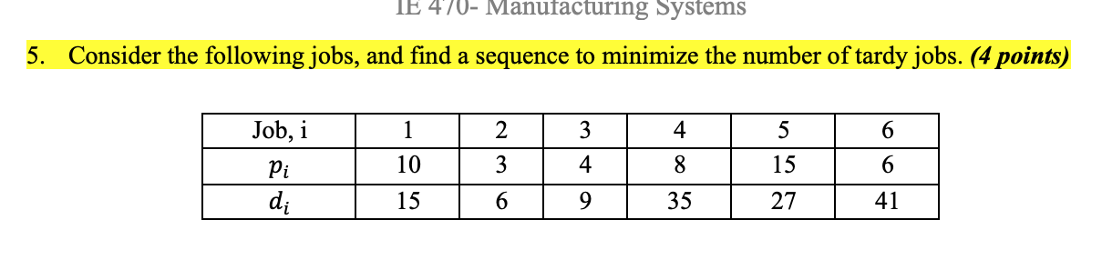 Solved 5. Consider the following jobs, and find a sequence | Chegg.com