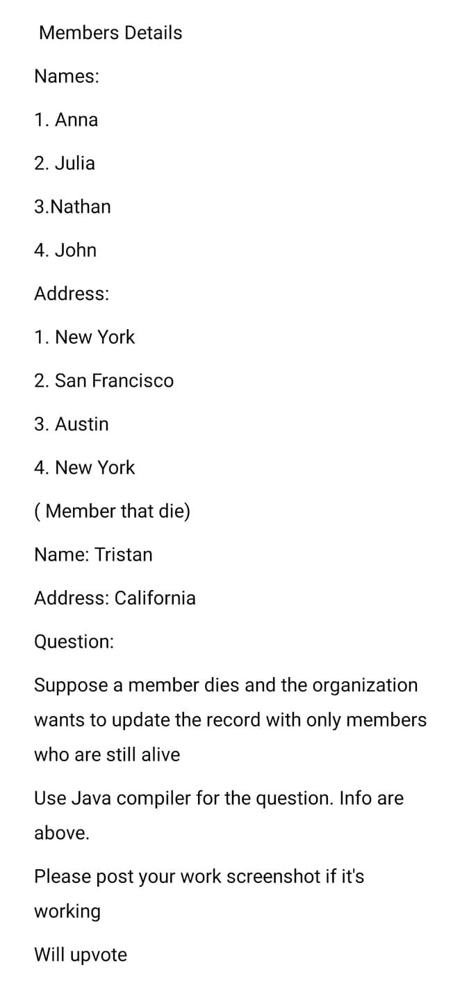 Solved Members Details Names: 1. Anna 2. Julia 3. Nathan 4. | Chegg.com