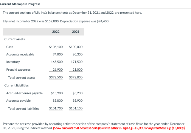 Solved The current sections of Lily Inc's balance sheets at | Chegg.com