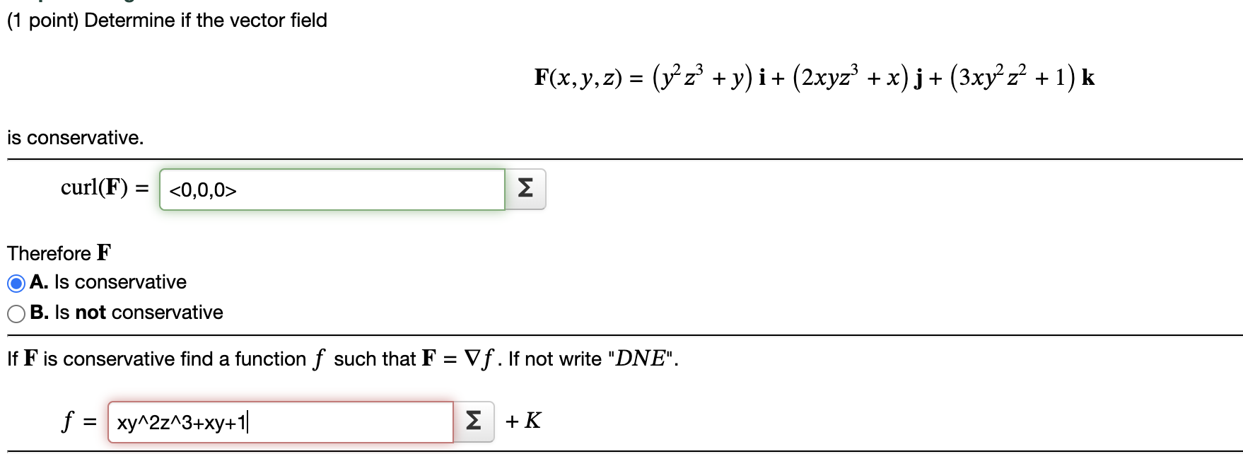 Solved (1 ﻿point) ﻿Determine if the vector | Chegg.com