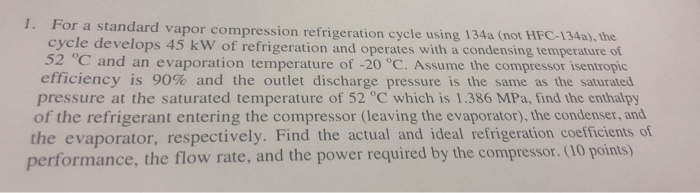 Solved 1. For a standard vapor compression refrigeration | Chegg.com