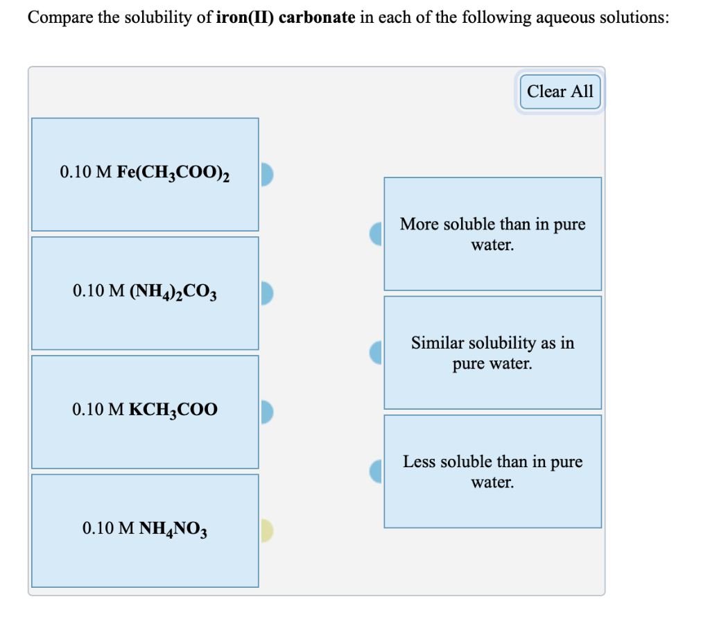 Solved Compare the solubility of iron(II) carbonate in each | Chegg.com