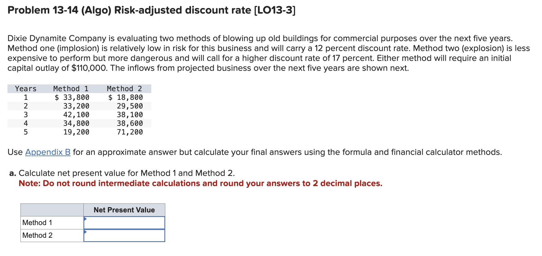 Solved Problem 13-14 (Algo) ﻿Risk-adjusted discount rate | Chegg.com