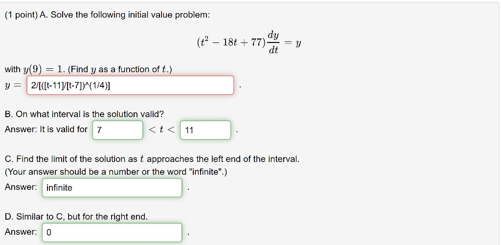 Solved (1 point) A. Solve the following initial value | Chegg.com