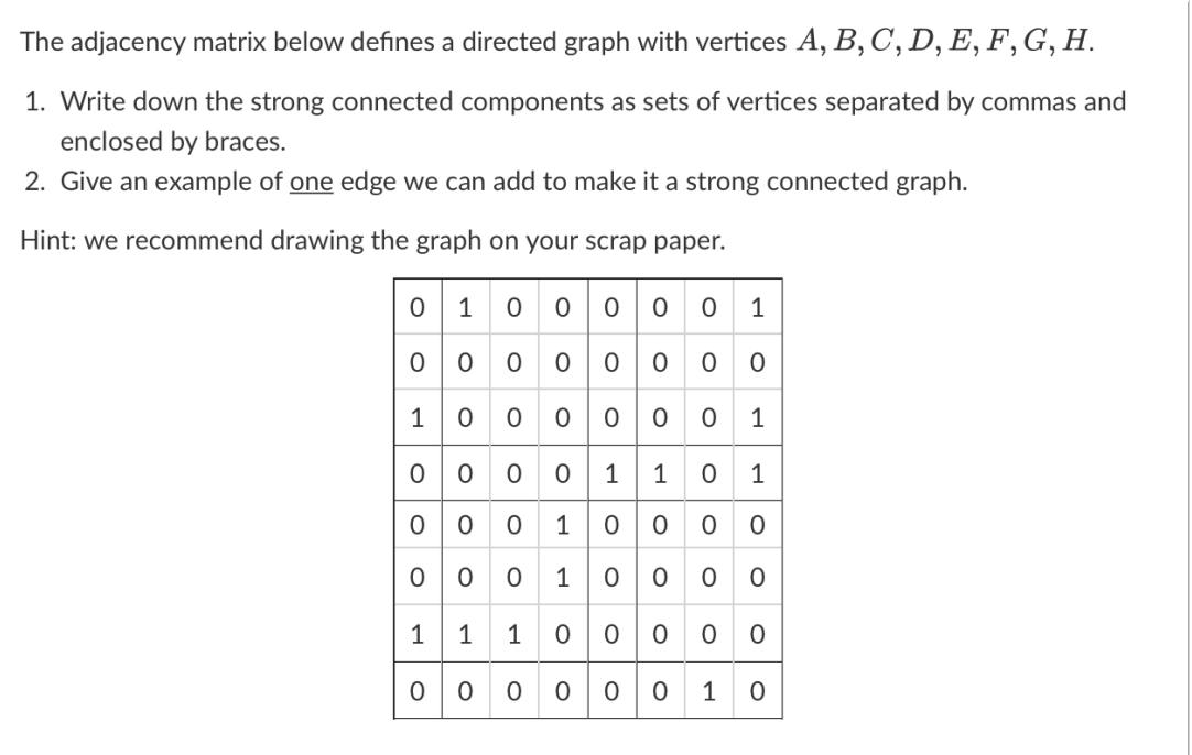 Solved The adjacency matrix below defines a directed graph | Chegg.com