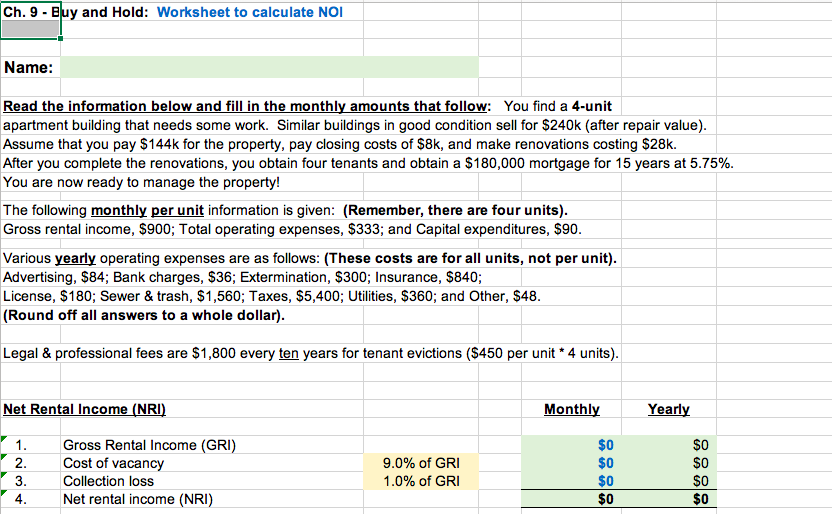 Ch. 9 - Buy and Hold: Worksheet to calculate NOI | Chegg.com