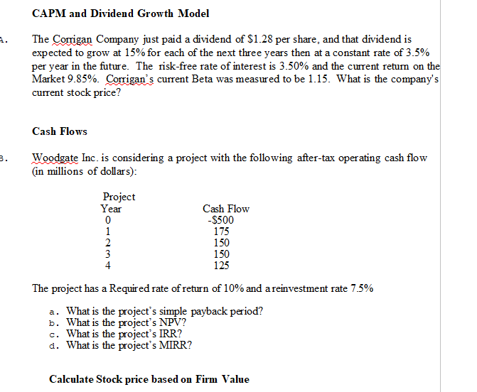 Solved CAPM and Dividend Growth Model The Corrigan Company | Chegg.com