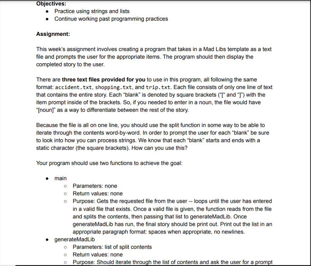 Solved Objectives: Practice using strings and lists Continue | Chegg.com