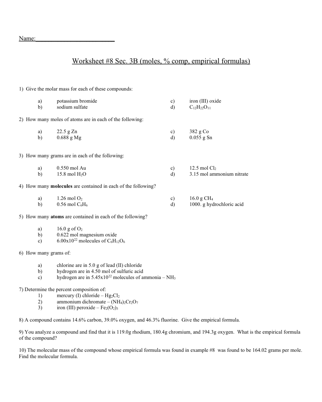 Solved Worksheet \#8 Sec. 3B (moles, % comp, empirical | Chegg.com