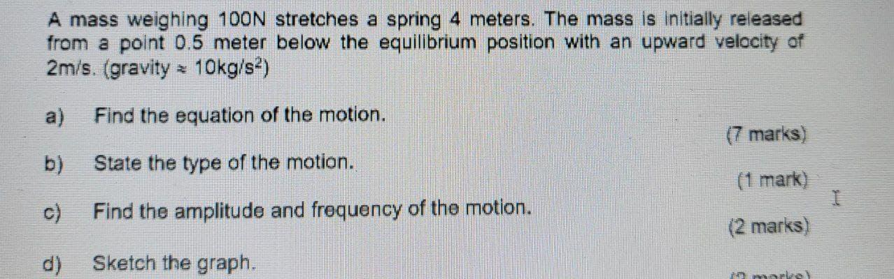 Solved A mass weighing 100N stretches a spring 4 meters. The | Chegg.com