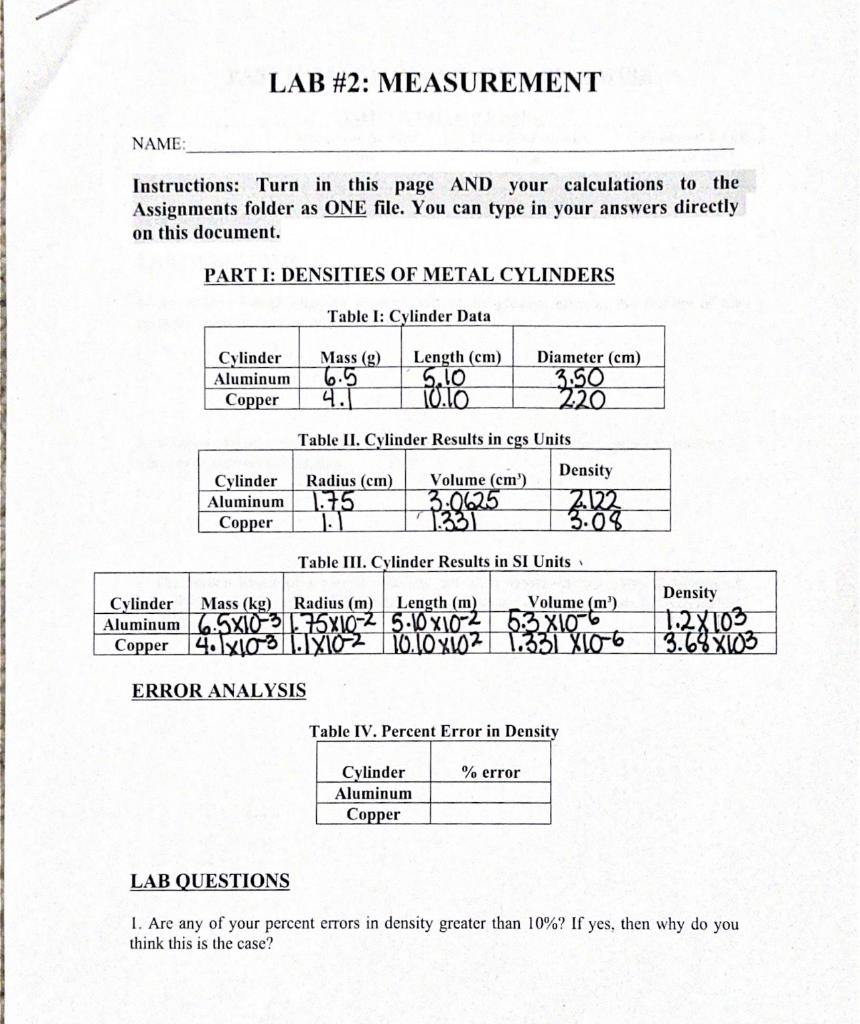 LAB #2: MEASUREMENT NAME: Instructions: Turn in this | Chegg.com