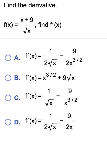 Solved Find the derivative. fx = ੬ , ind fx) 0A rel= ਝਗਤ | O | Chegg.com