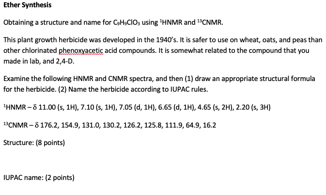 Solved Ether Synthesis Obtaining a structure and name for | Chegg.com
