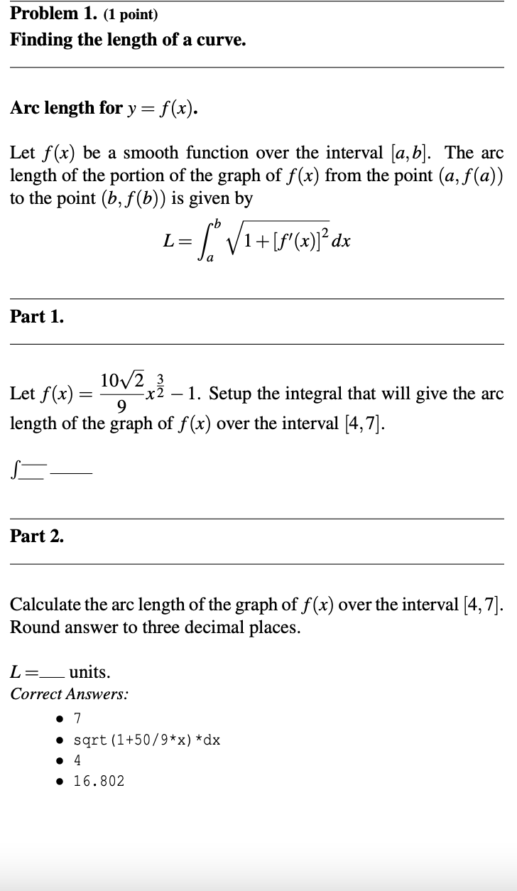 Solved Problem 1. (1 point) Finding the length of a curve. | Chegg.com