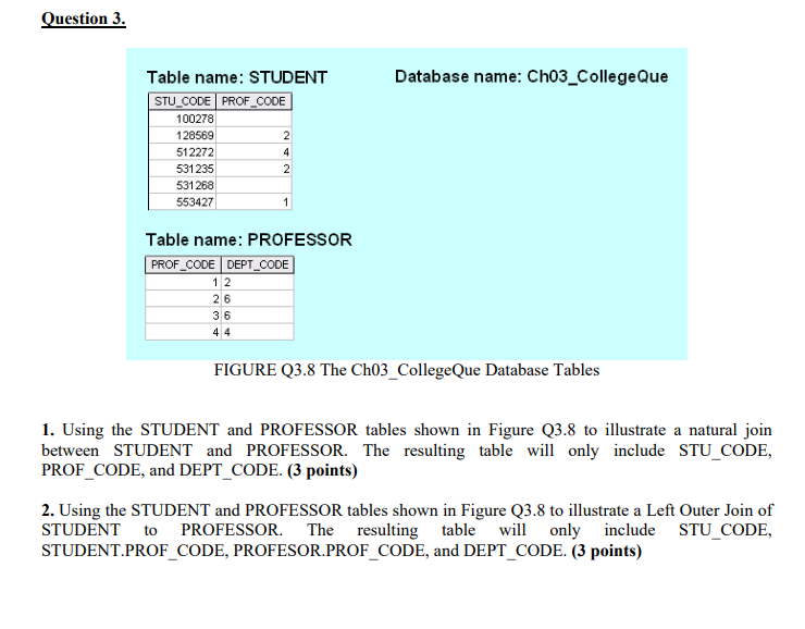 Solved Question 3. Database name: Ch03_College Que Table | Chegg.com