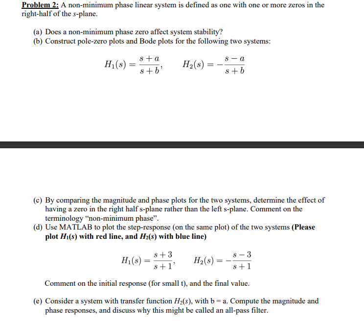 Solved Problem 2: A non-minimum phase linear system is | Chegg.com