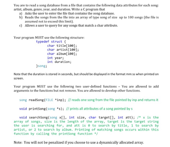 Solved You are to read a song database from a file that | Chegg.com