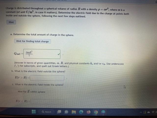 Solved Charge is distributed throughout a spherical volume | Chegg.com
