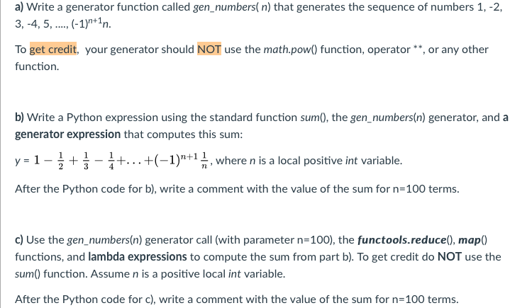 a) Write a generator function called gen_numbers( n) | Chegg.com