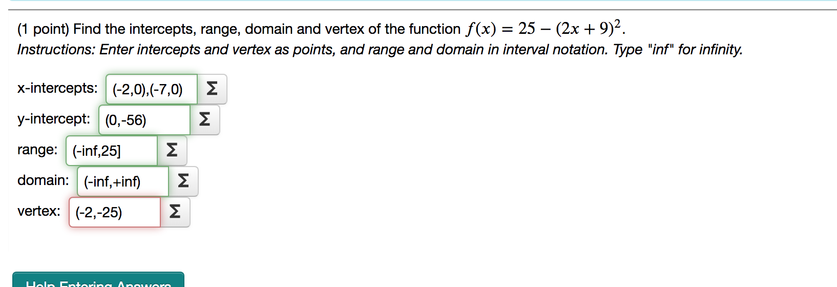 Solved (1 point) Find the intercepts, range, domain and | Chegg.com