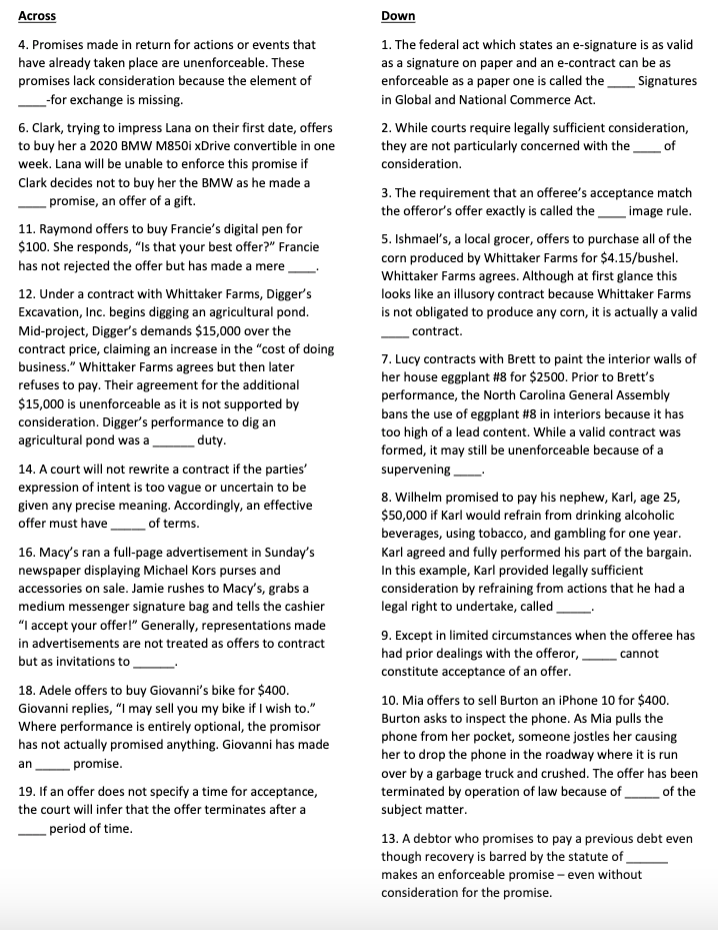 Solved Across 4. Promises made in return for actions or | Chegg.com