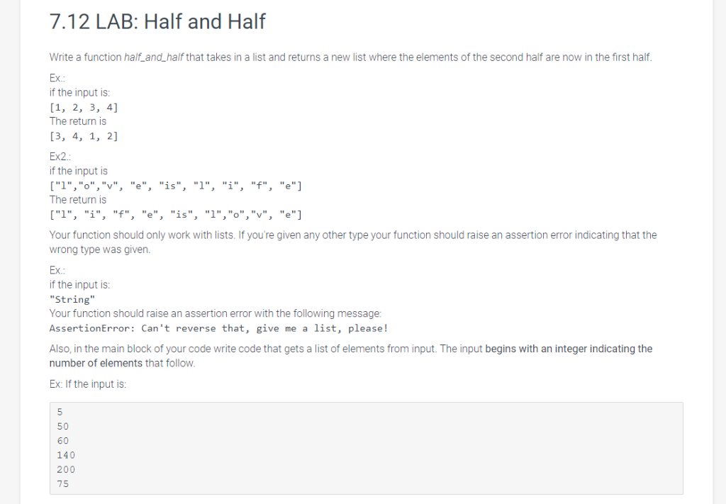 Solved PYTHON! Write a function half_and_half that takes | Chegg.com