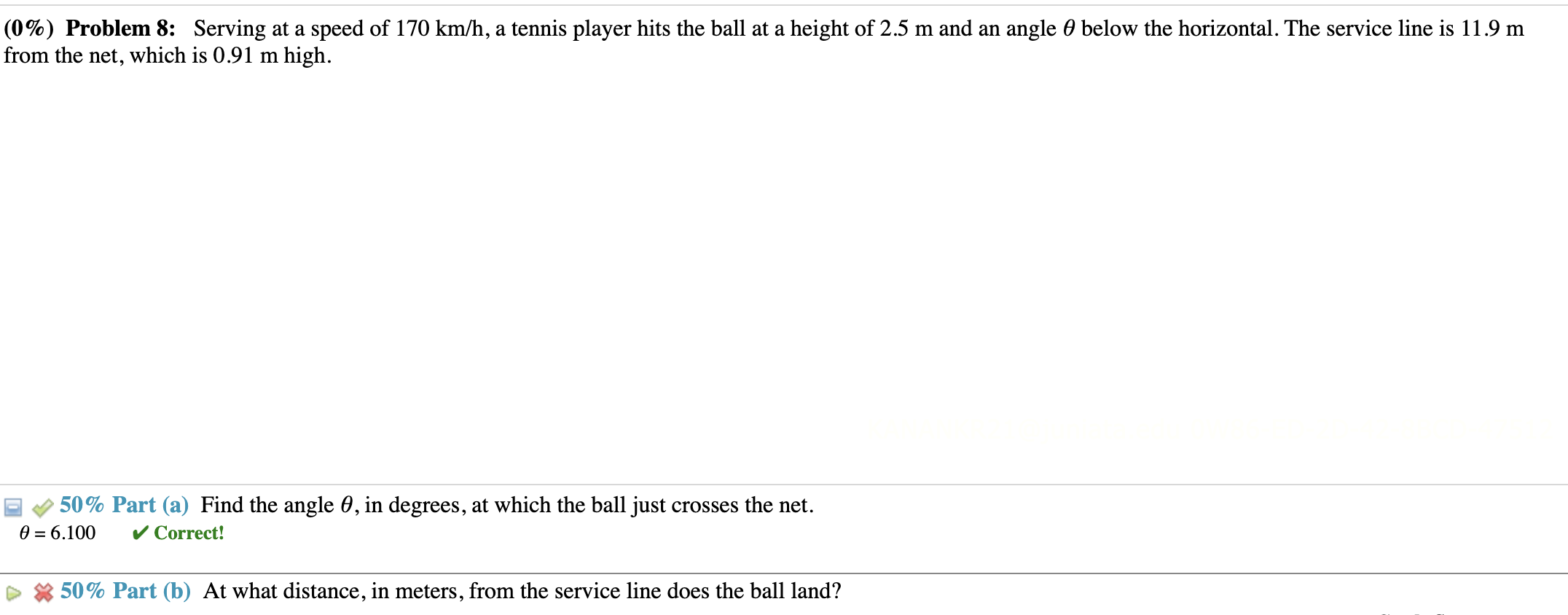 Solved (0\%) Problem 8: Serving at a speed of 170 km/h, a | Chegg.com