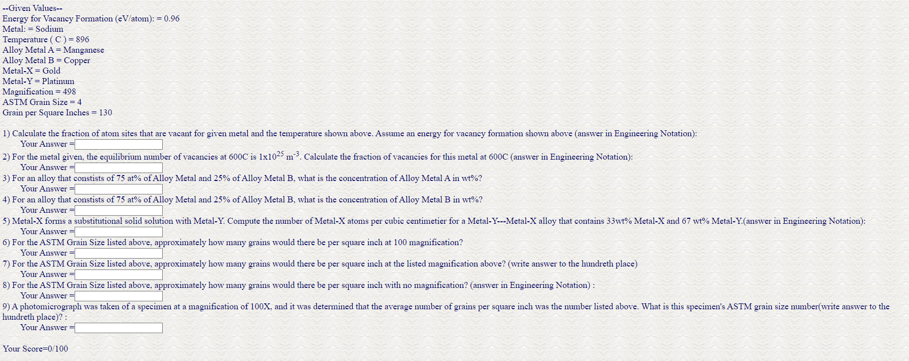 Solved --Given Values-- Energy for Vacancy Formation | Chegg.com