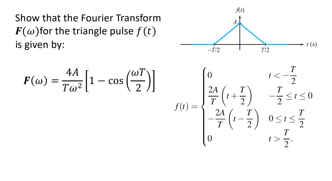 Solved ft) Show that the Fourier Transform F(W)for the | Chegg.com
