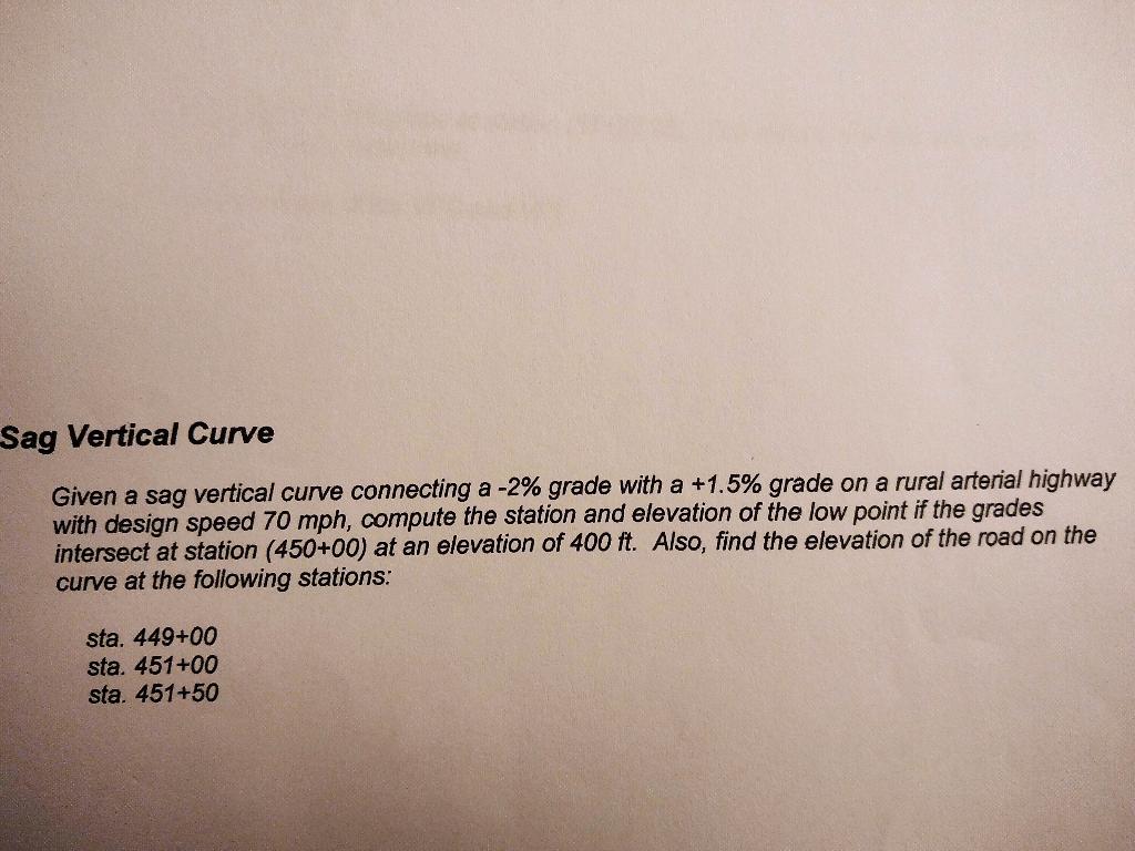 Solved Sag Vertical Curve Given a sag vertical curve | Chegg.com