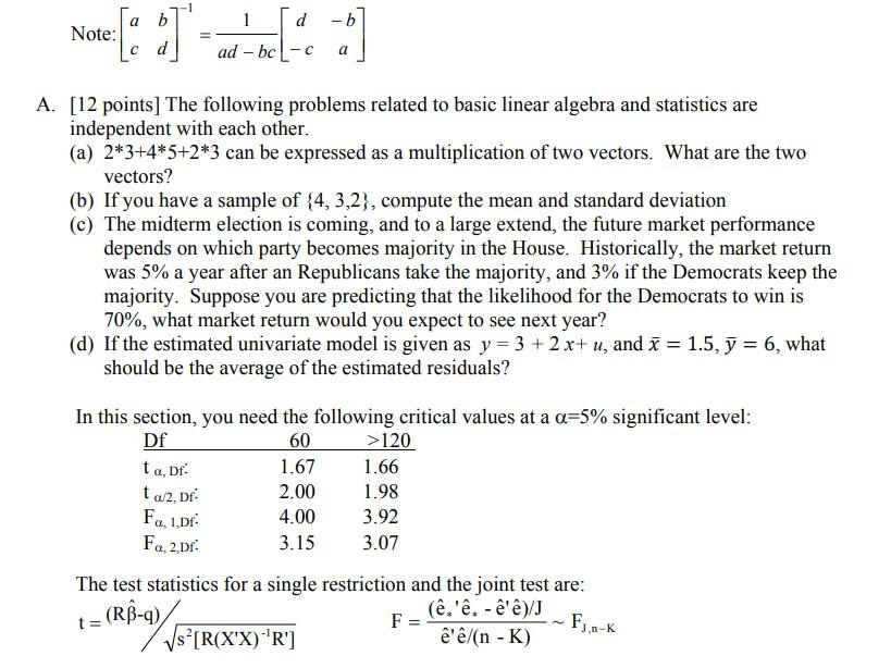 a b 1 d -b Note: [][²] = c d ad - bc -C a A. [12 | Chegg.com