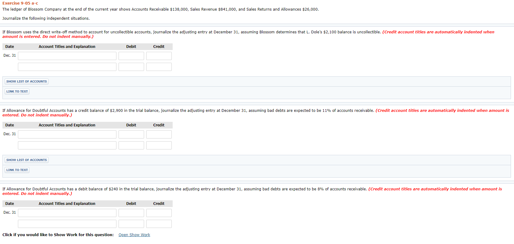 Solved Exercise 9-05 a-c The ledger of Blossom Company at | Chegg.com