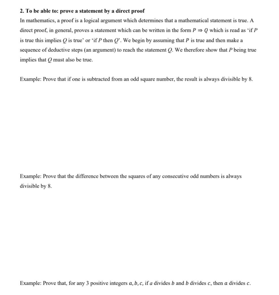 Solved 2. To be able to: prove a statement by a direct proof | Chegg.com