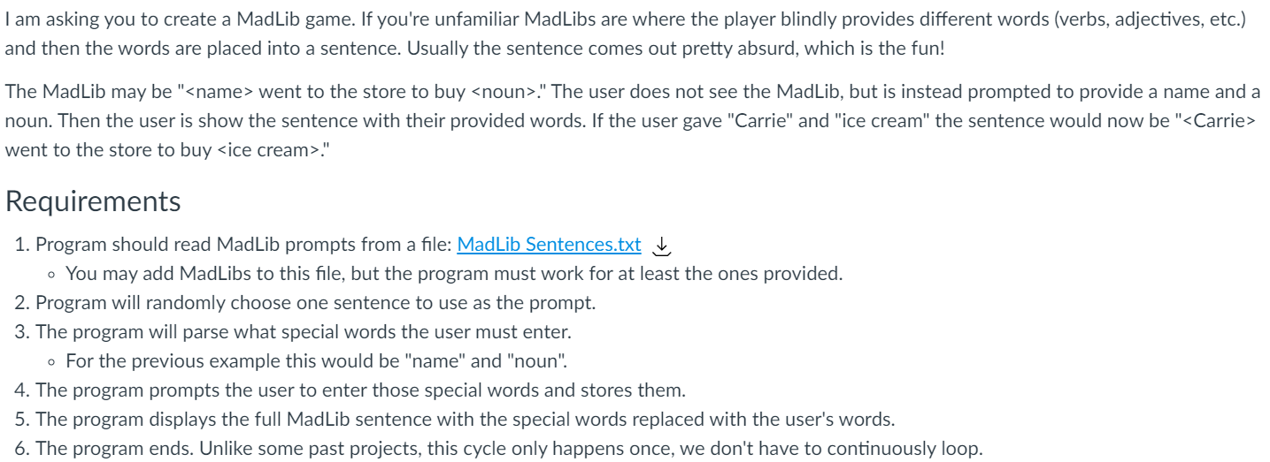 Solved I am asking you to create a Madlib game. If you're | Chegg.com